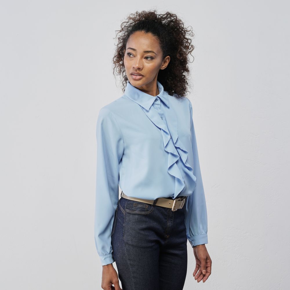 Camicia azzurra da donna con volant ALESYA | Scarpe&Scarpe