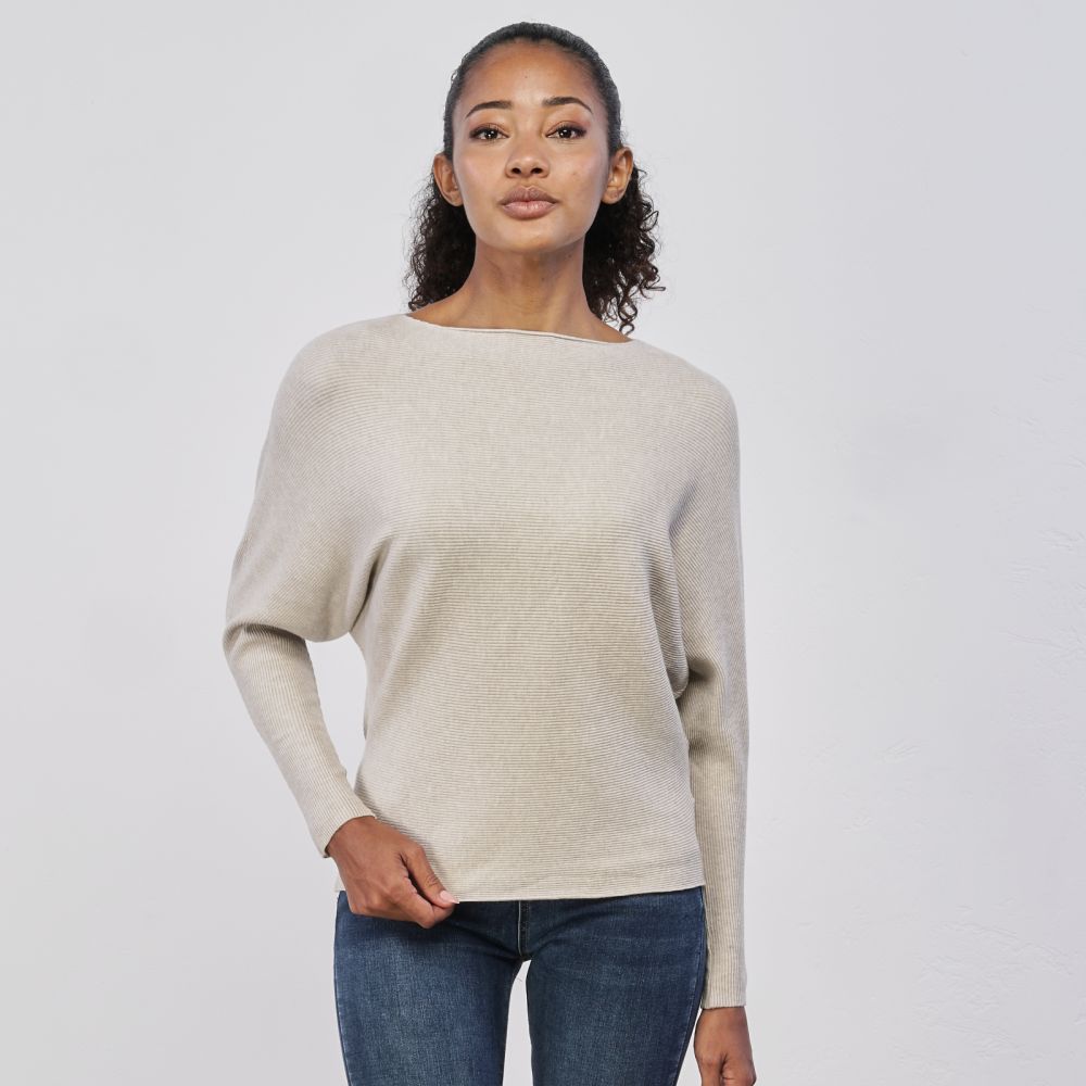 Maglia beige da donna a costine con scollo orizzontale ALESYA | Scarpe ...