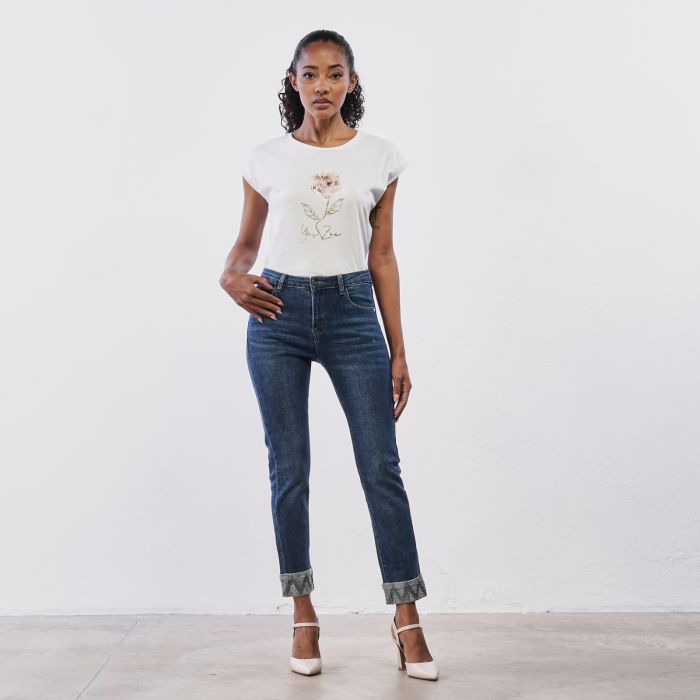 Jeans skinny blu scuro da donna a vita media con risvolto con strass ...