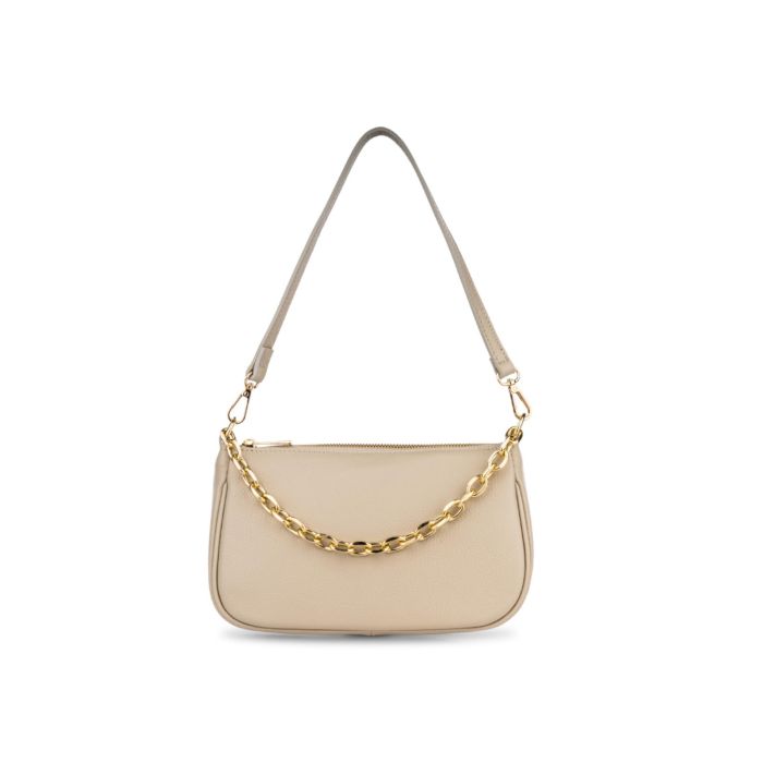 Borsa a spalla beige da donna in morbida pelle con dettaglio catena oro ...